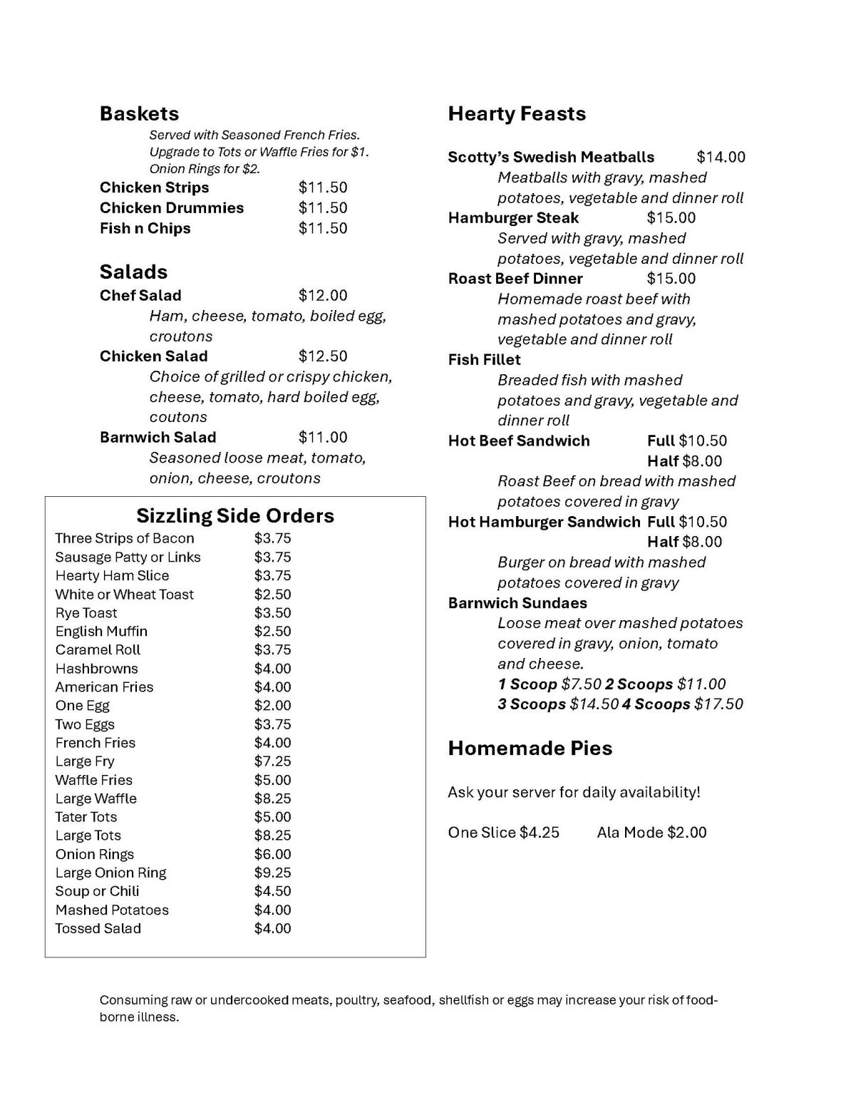 The Barn Diner Menu | Breakfast, Lunch & Homemade Pies